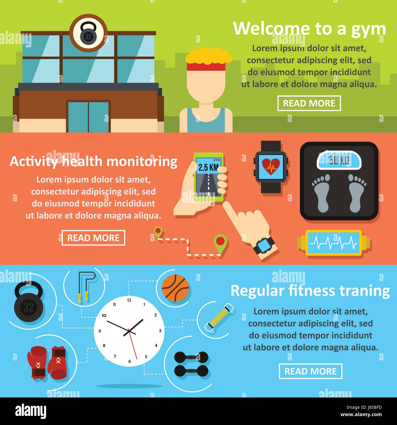 Gym training banner horizontal set, flat style Stock Vector Image & Art ...