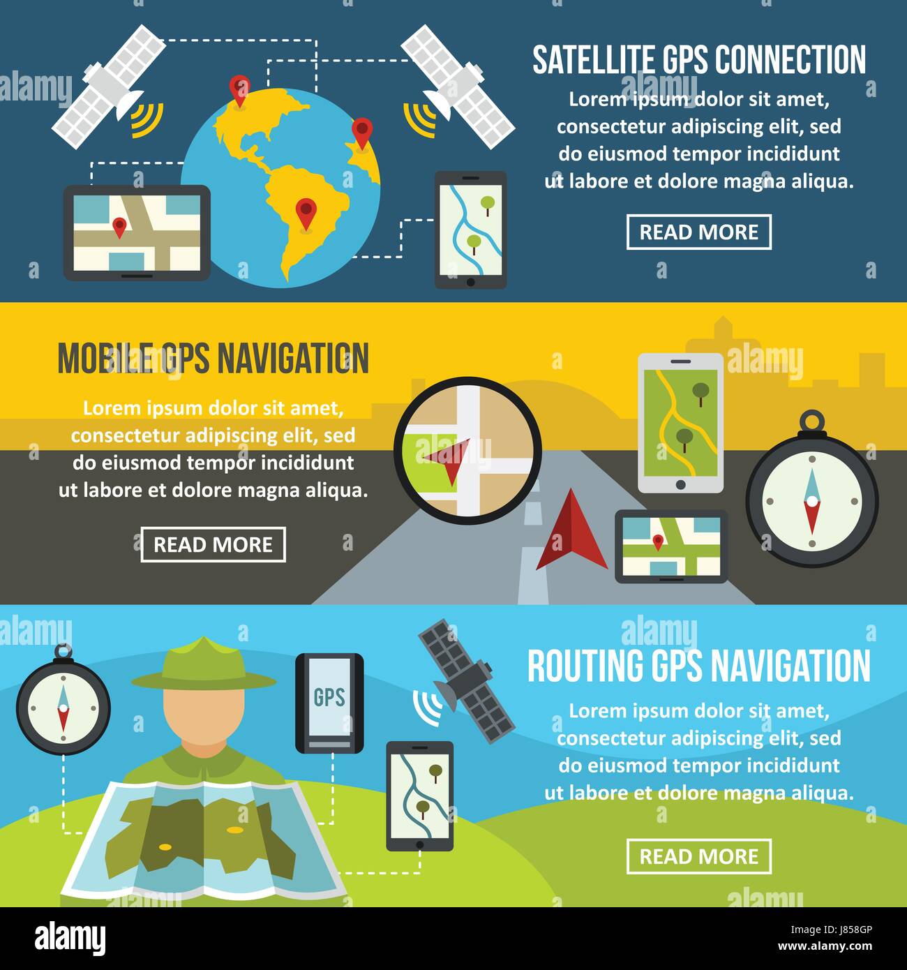 Navigation map banner horizontal set, flat style Stock Vector Image ...