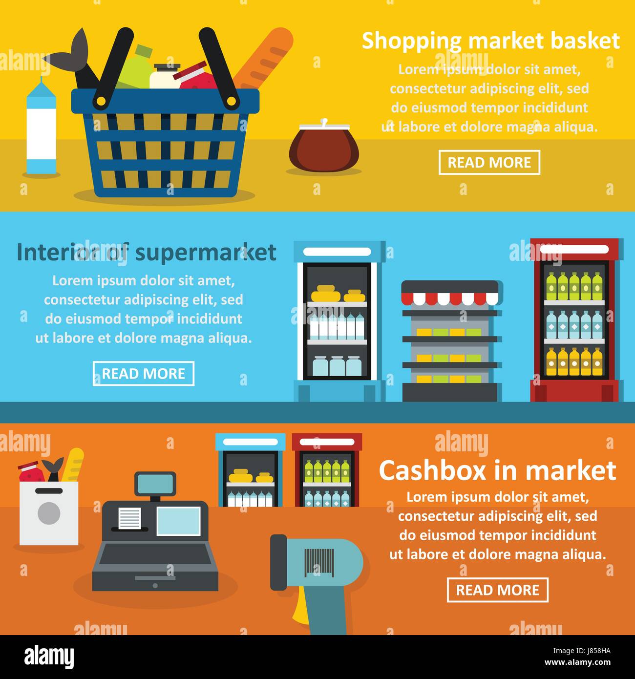 Supermarket banner horizontal set, flat style Stock Vector Image & Art ...