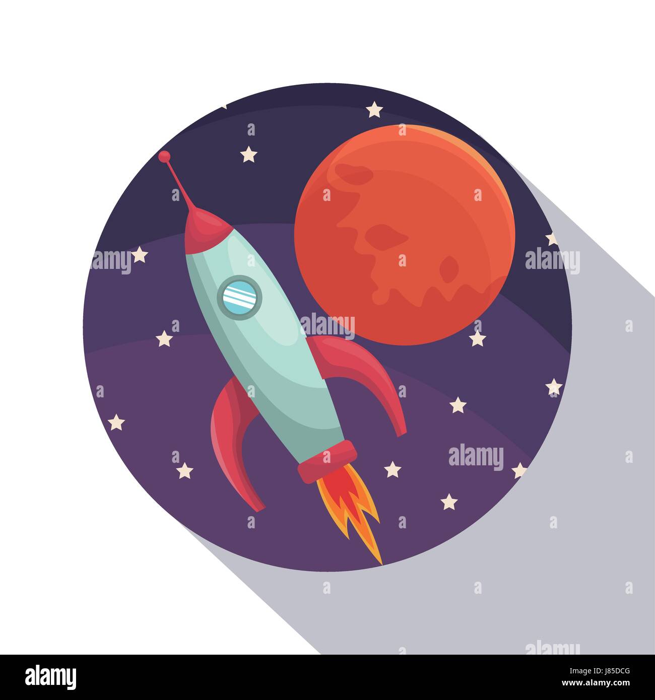 circular frame shading of poster closeup universe with rocket and ...