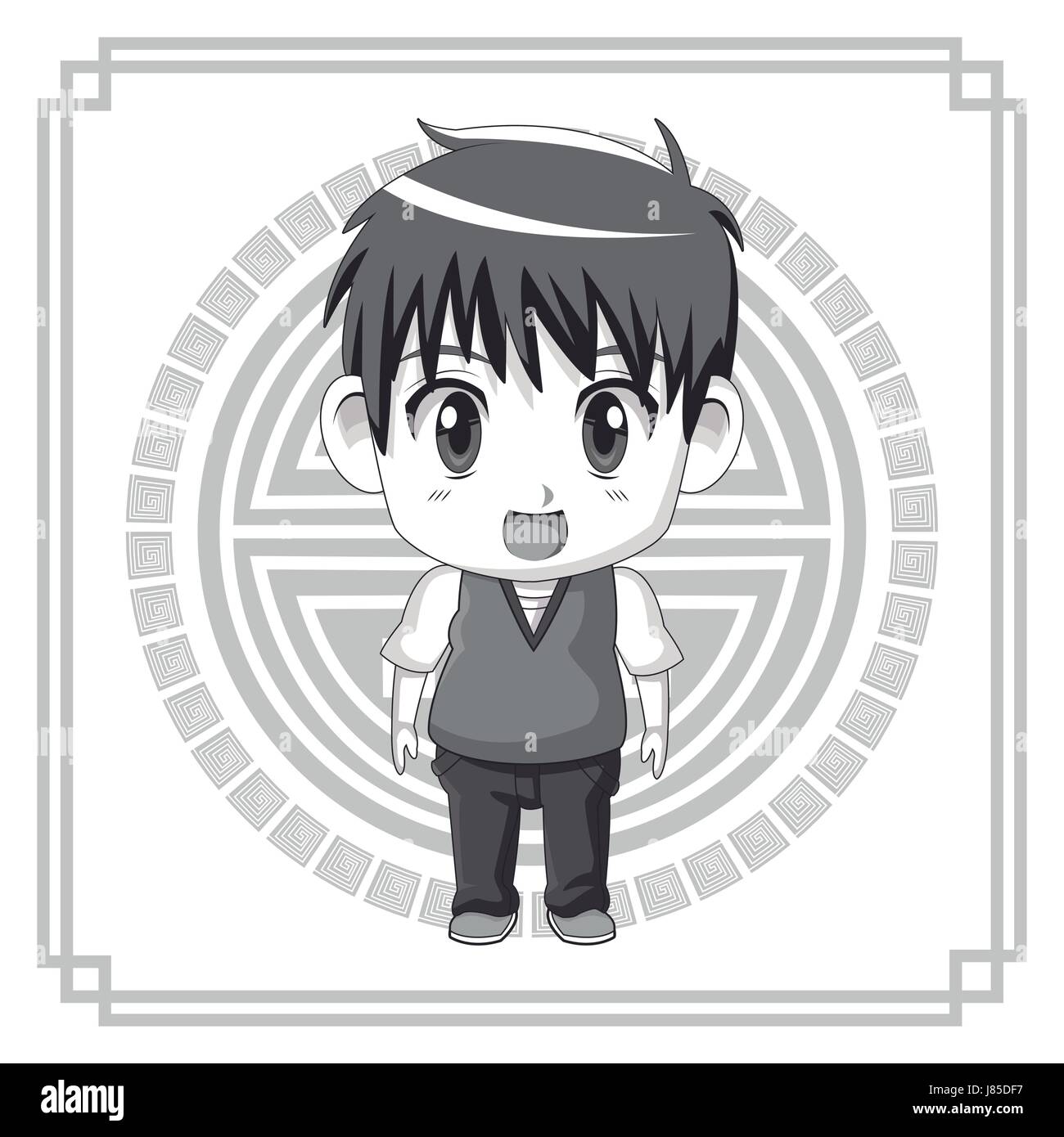 monochrome background japanese symbol with silhouette cute anime ...