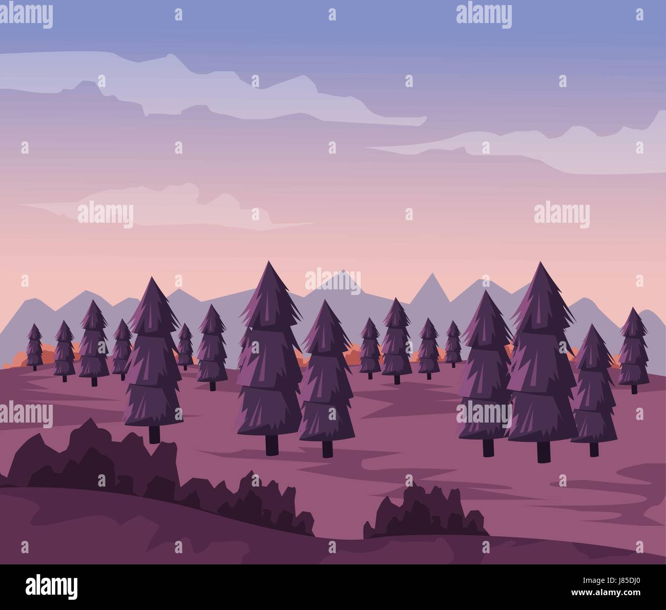 colorful background with dawn landscape of valley with trees Stock ...