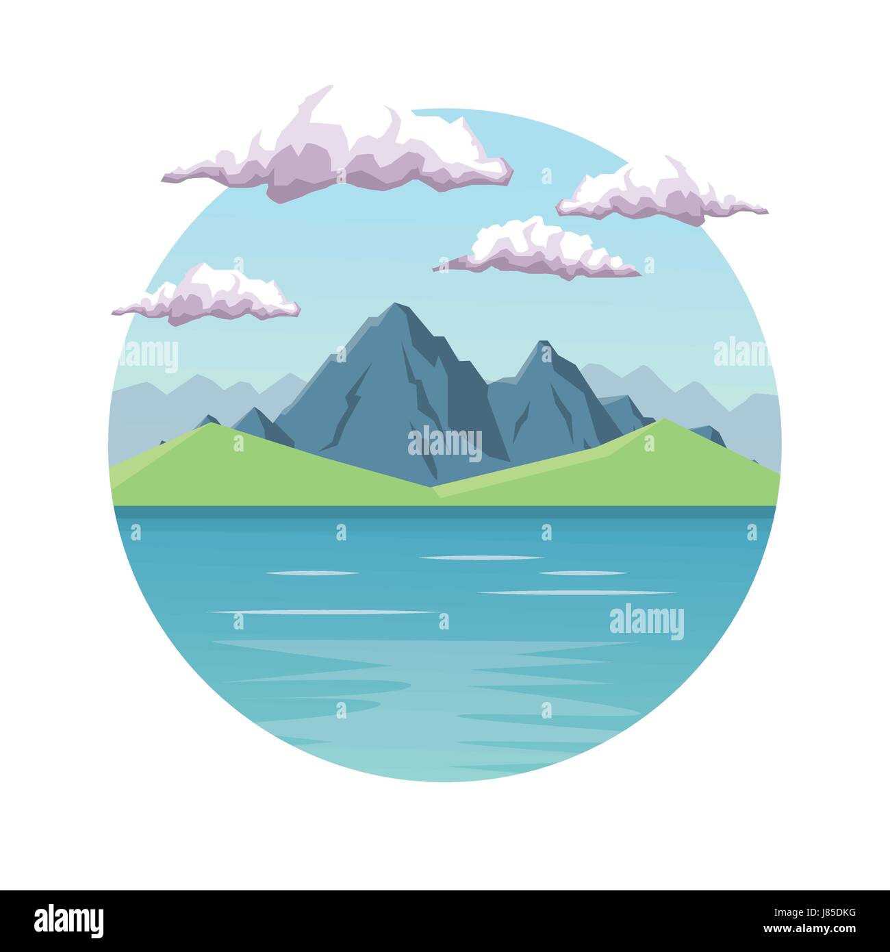 white background with daytime landscape in round frame with mountain ...