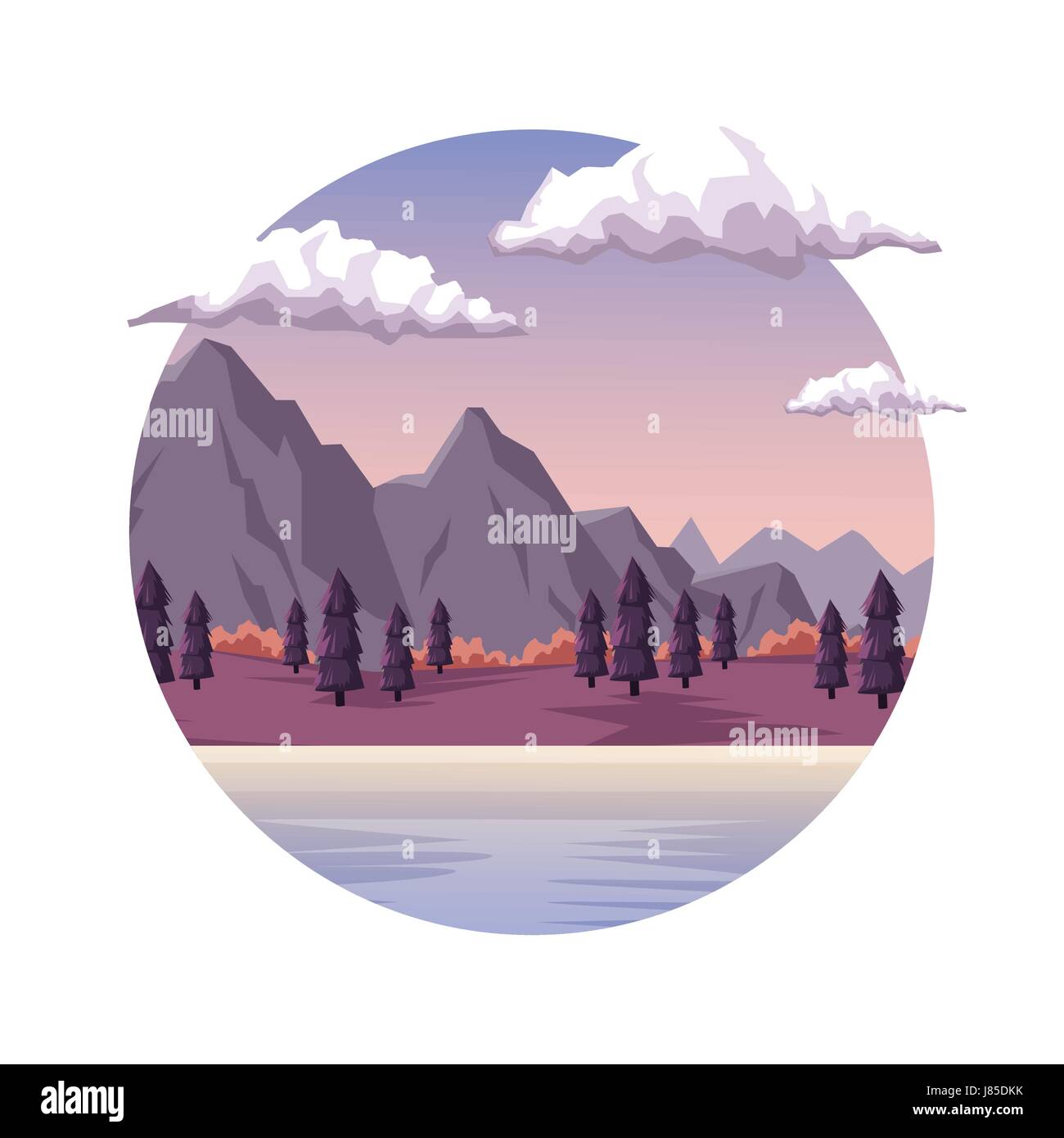 white background with dawn landscape in round frame with mountain ...