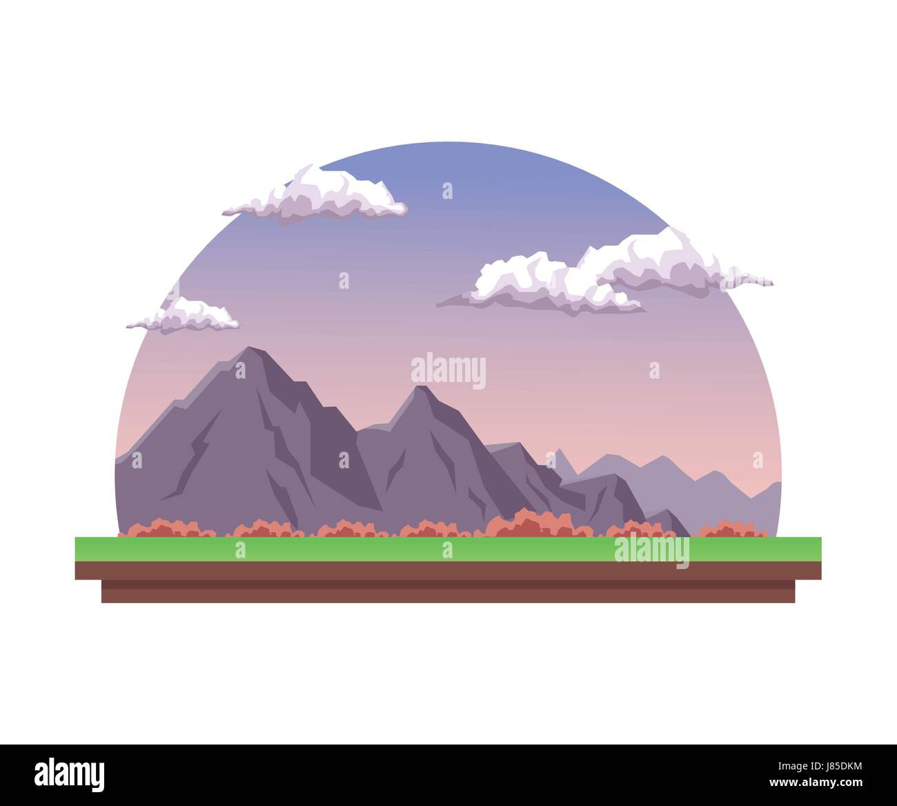 white background with dawn landscape in half round frame with rock ...