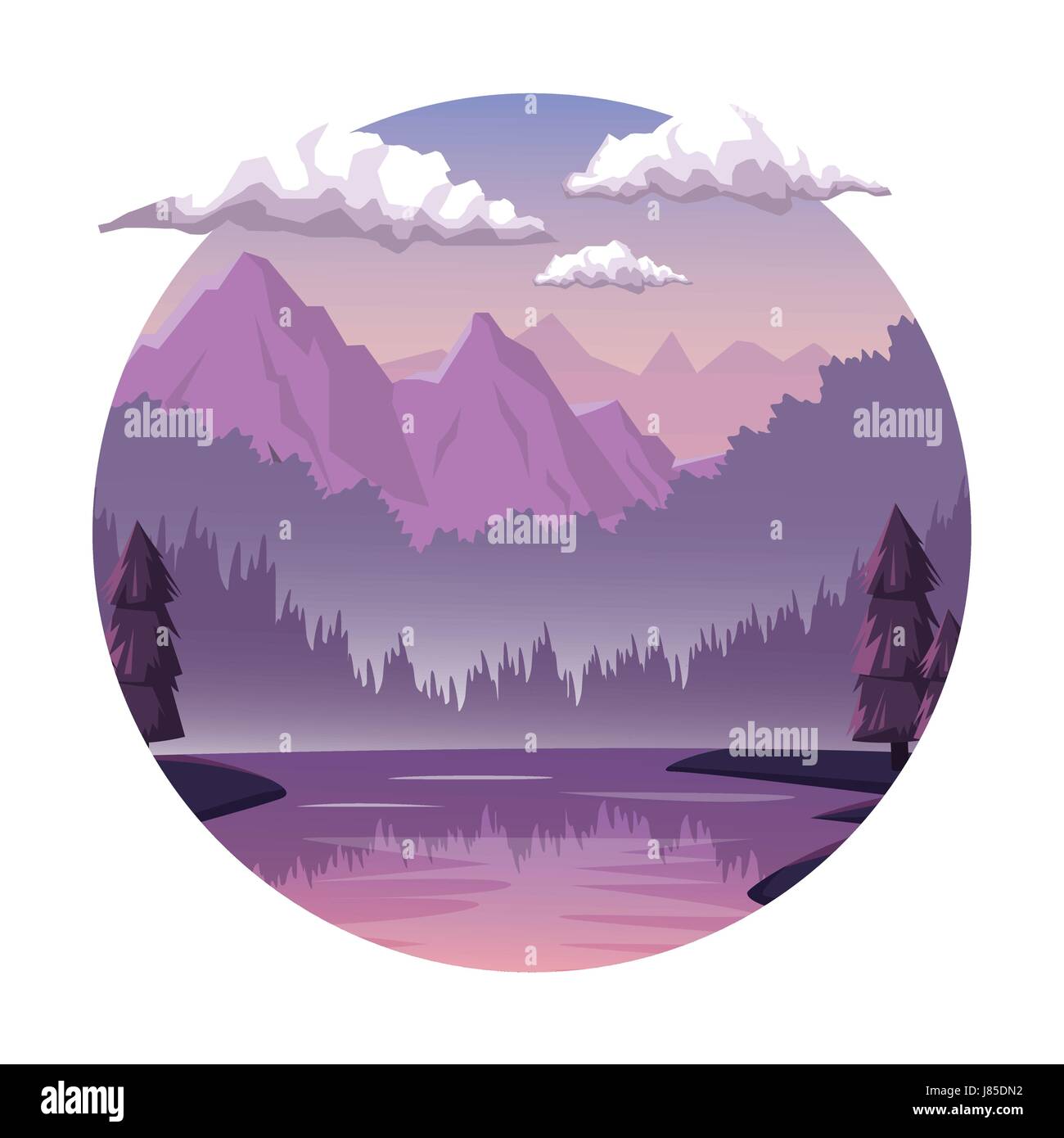 white background with dawn landscape in round frame with mountains and ...
