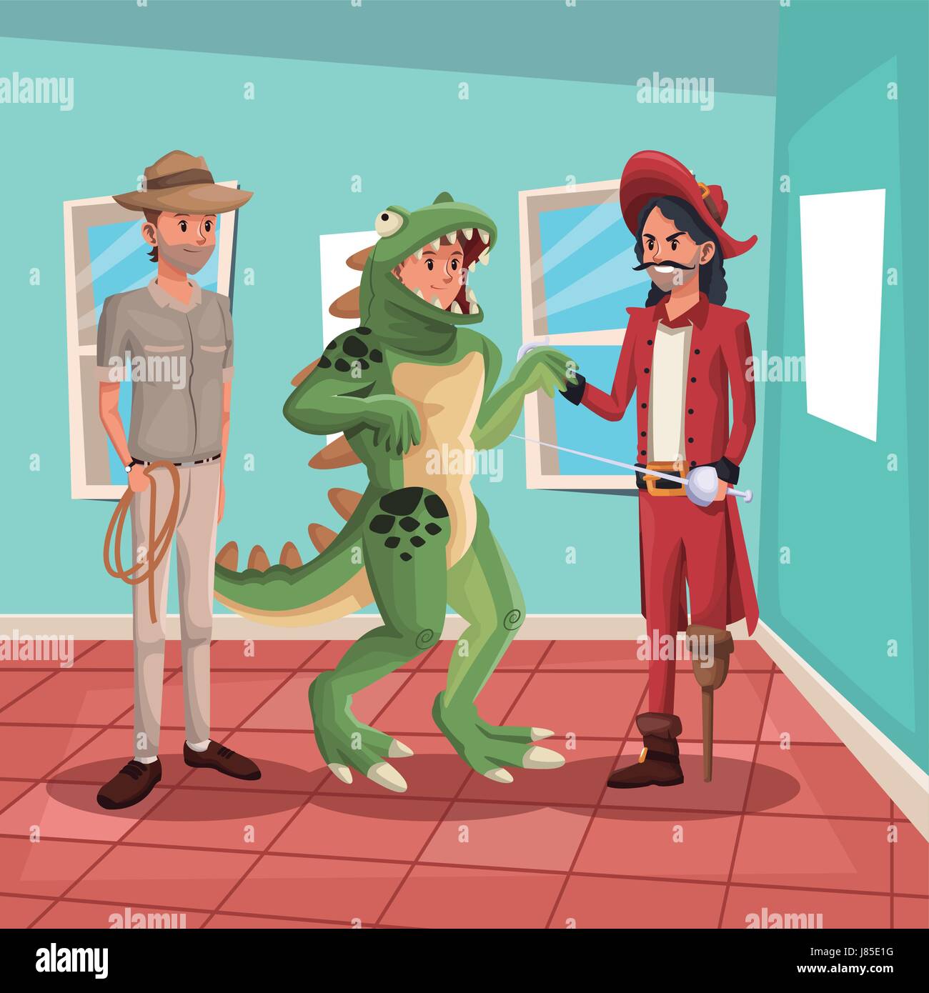 house interior background with full body group people male in costume ...