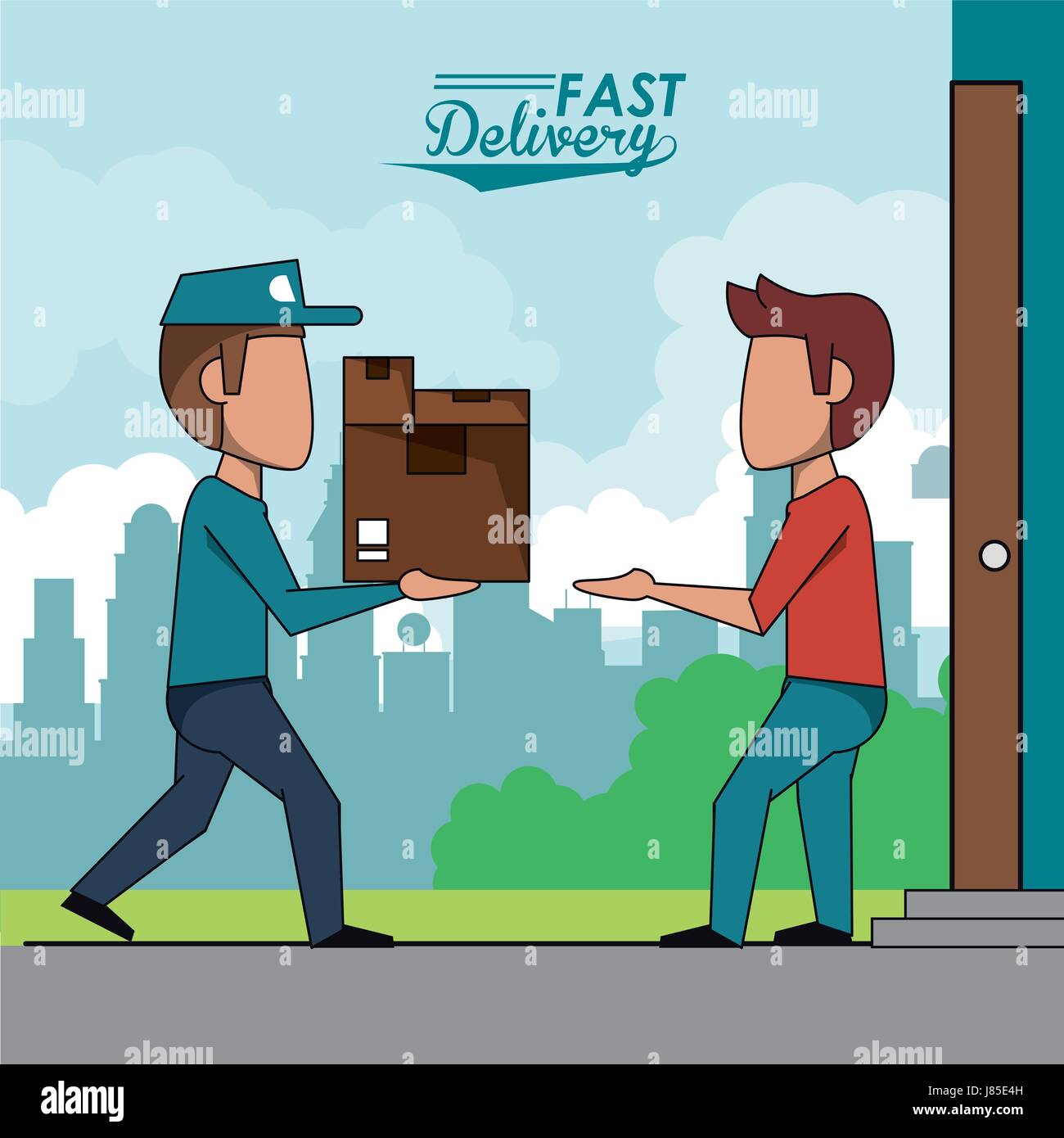 poster scene city landscape of fast delivery man with packages to ...