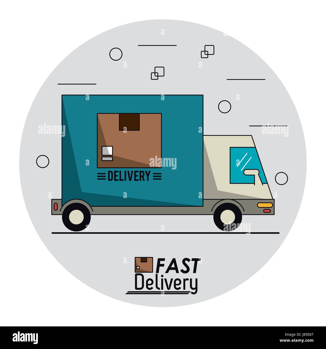 circular frame background with fast delivery truck of packages Stock ...
