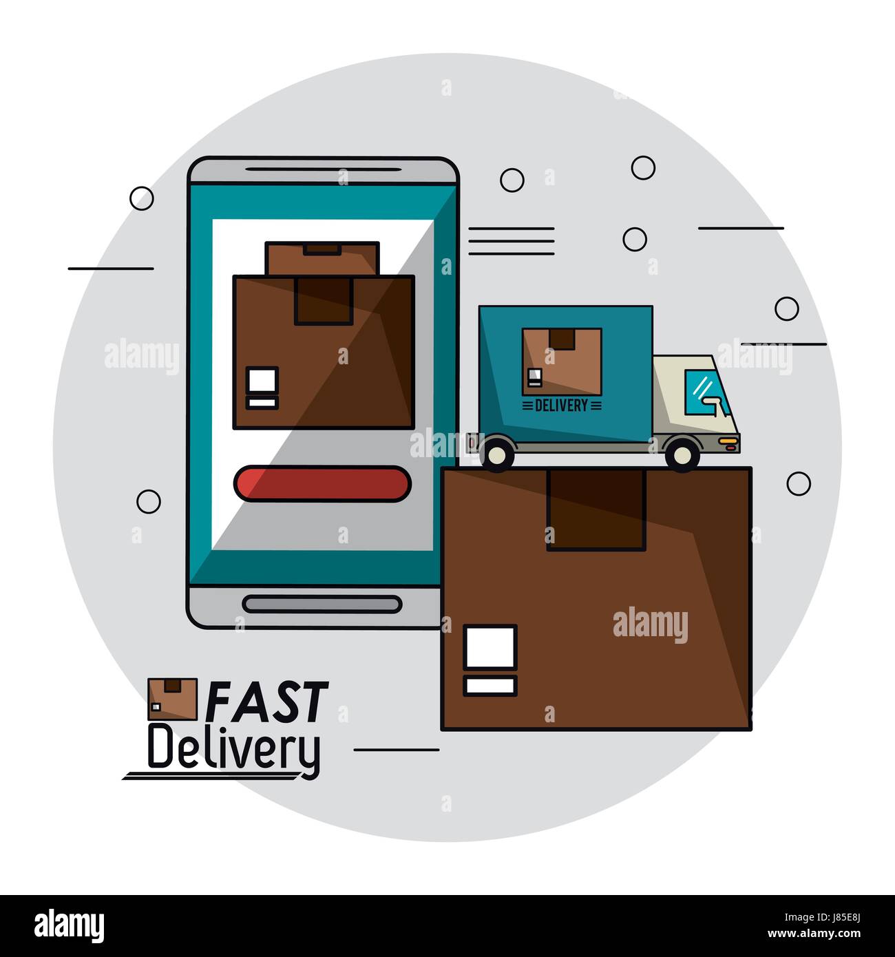 circular frame background with fast delivery truck of packages and ...