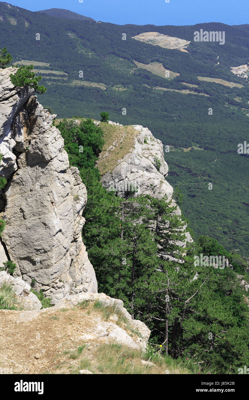 Beautiful summer landscape with high rocks and trees Stock Photo - Alamy