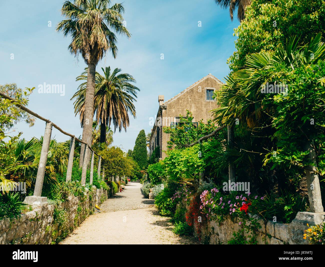Lush vegetation, paved passageway and a pavilion at the arboretum in ...