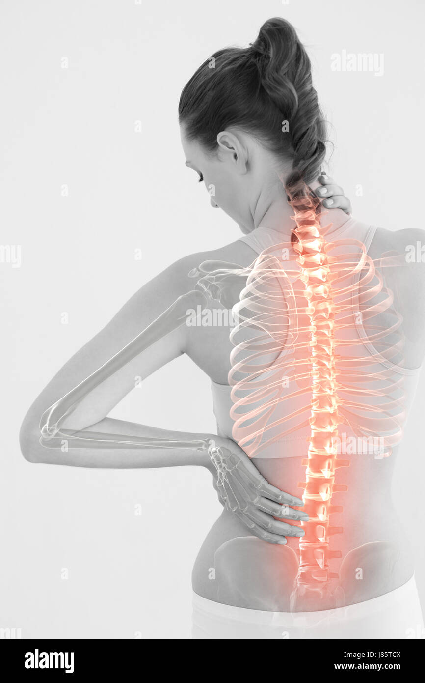 Digitally generated image of woman suffering from muscle pain against ...