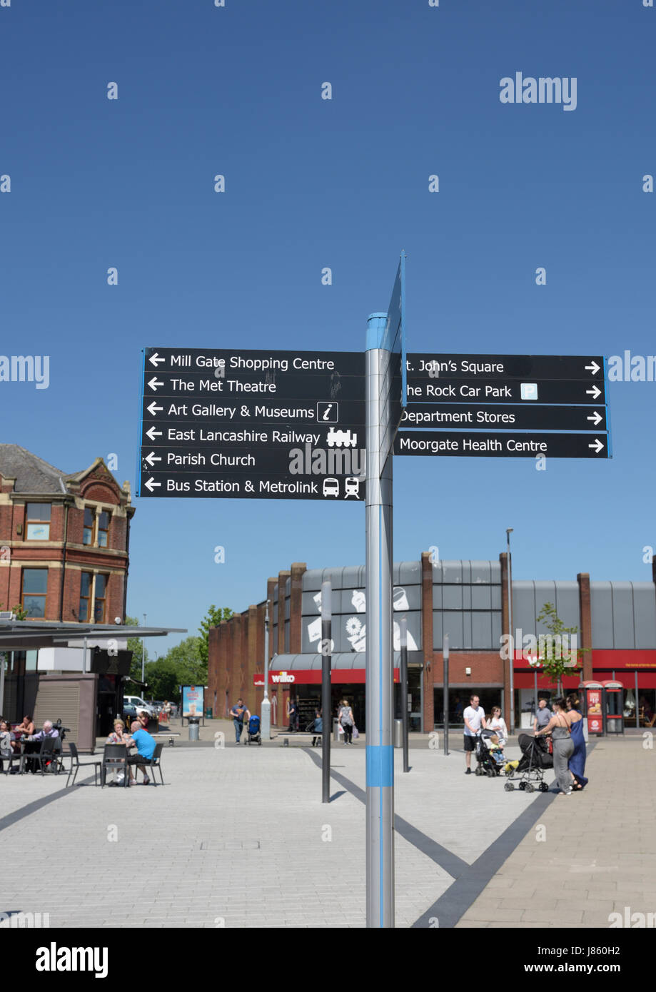Fingerpost signage with directions and pedestrians walking in ...