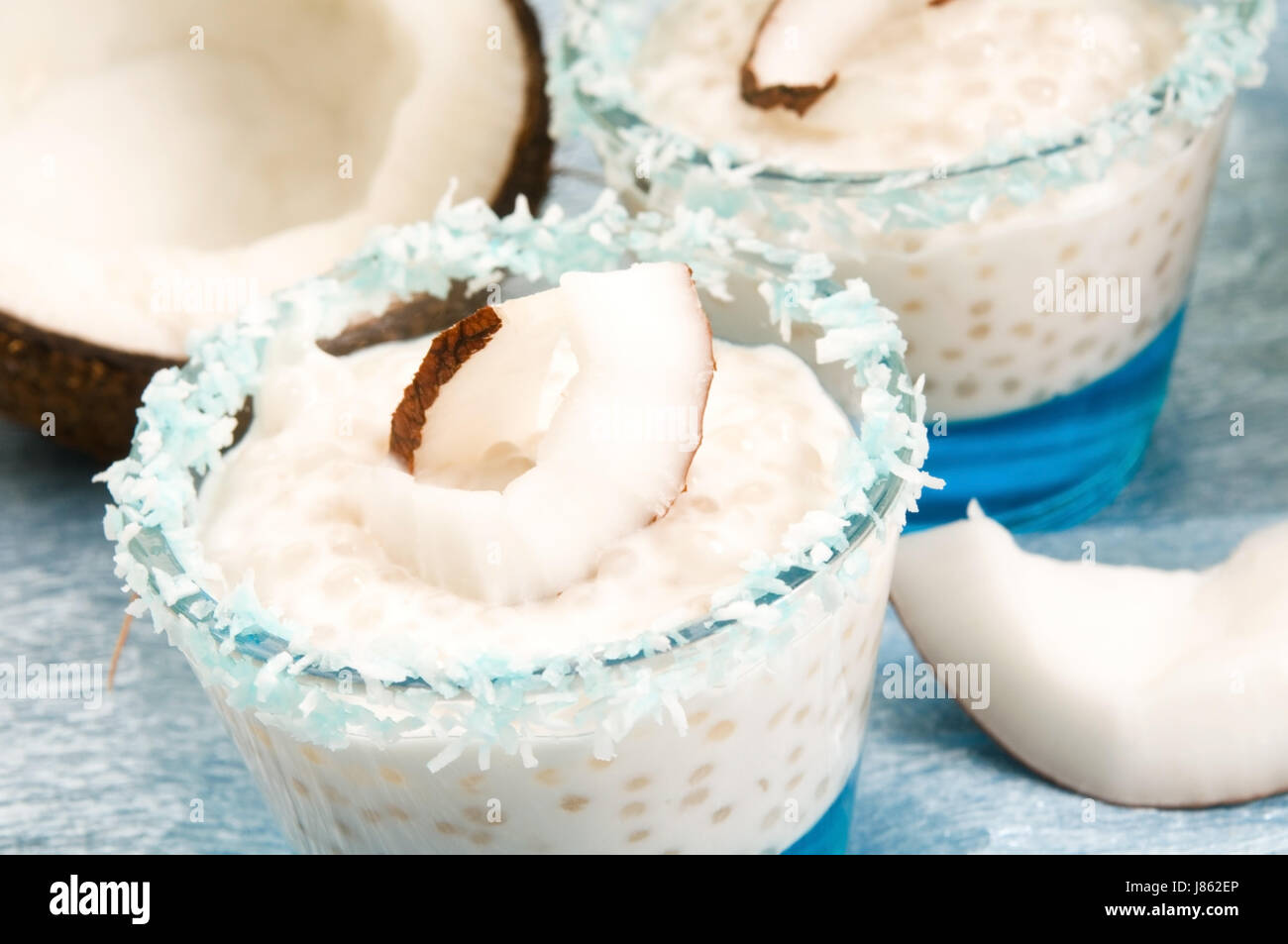 fruit pearls jelly pudding dessert coconut blue food aliment macro ...