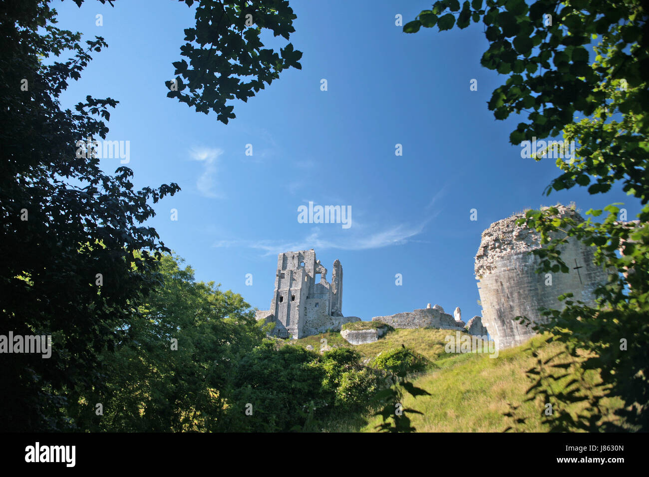 Corfe Castle through the trees from the pathway round the west side ...