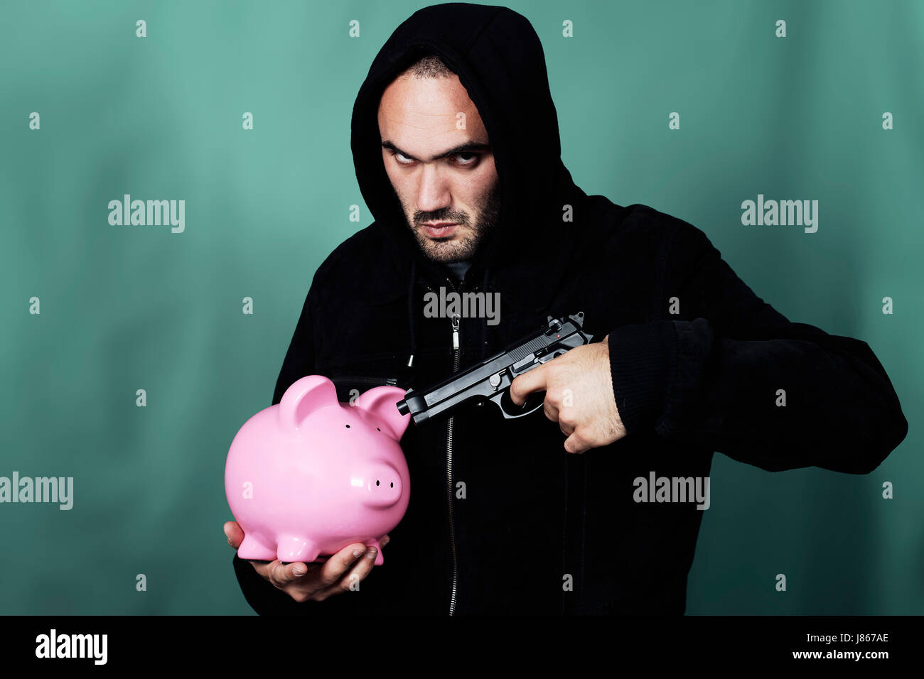 bank lending institution gun firearm piggy pig man pink theif thief ...