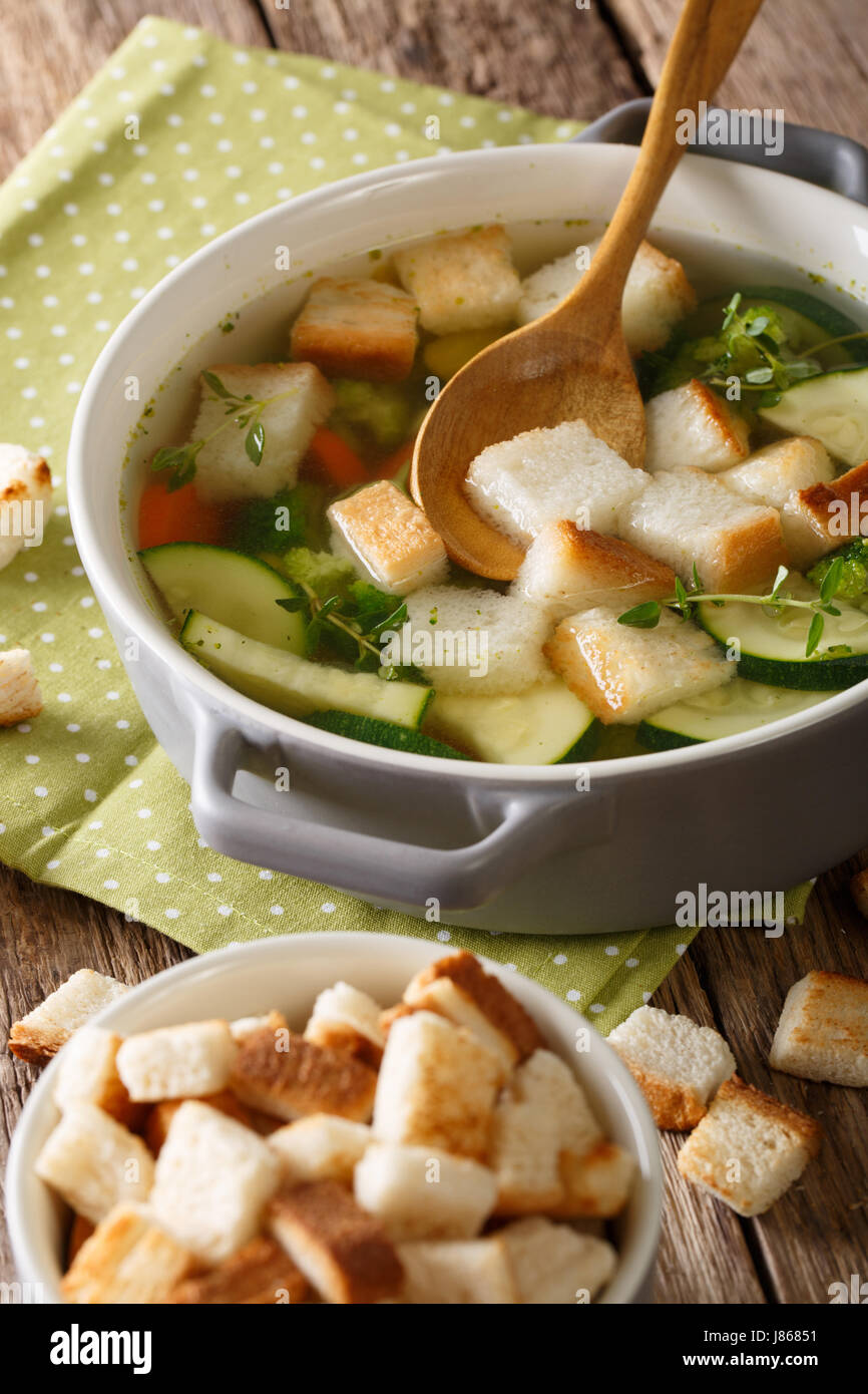 Bread soup with summer vegetables close-up in a bowl on the table ...