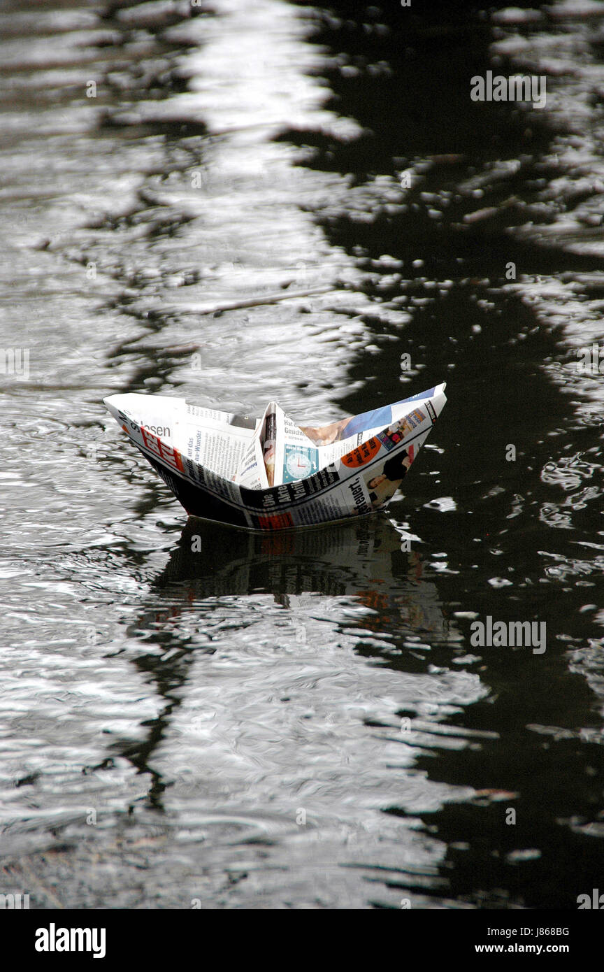 newspaper, journal, small ship, sheet of paper, paper, river, water ...