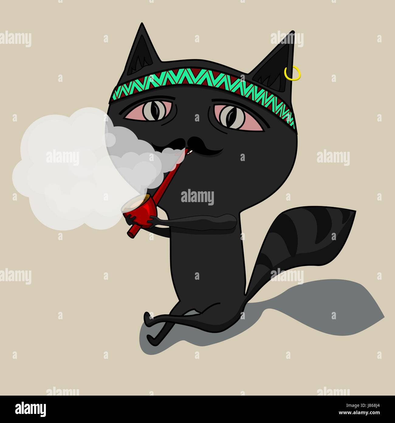 The cat clears a pipe, shaman. Cute black cartoon cat. Big mustache ...