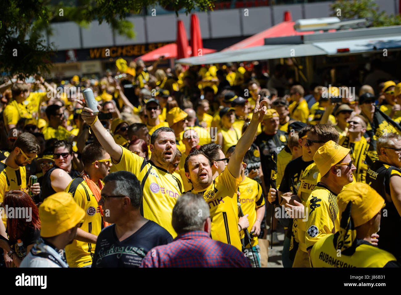 Fans of German soccer club Borussia Dortmund celebrate during a fan ...