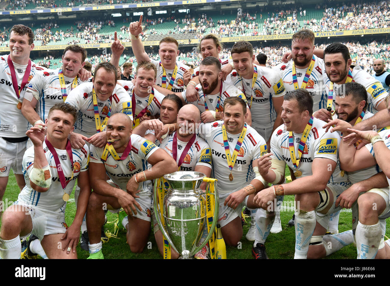 London, England. 27th May, 2017. Exeter Chiefs team pose for the photos ...