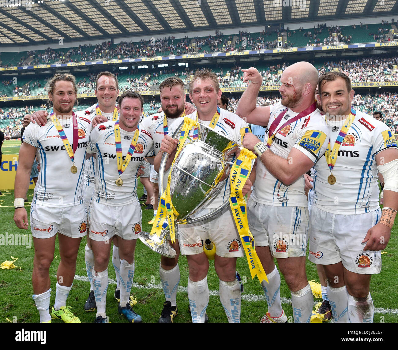 London, England. 27th May, 2017. Team Exeter Chiefs celebrate after ...