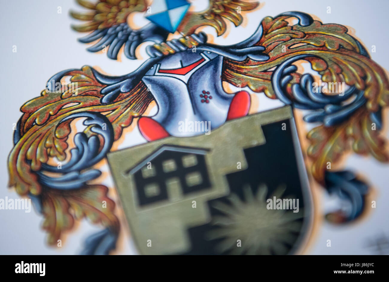 Munich, Germany. 16th May, 2017. A close-up of a family crest is ...