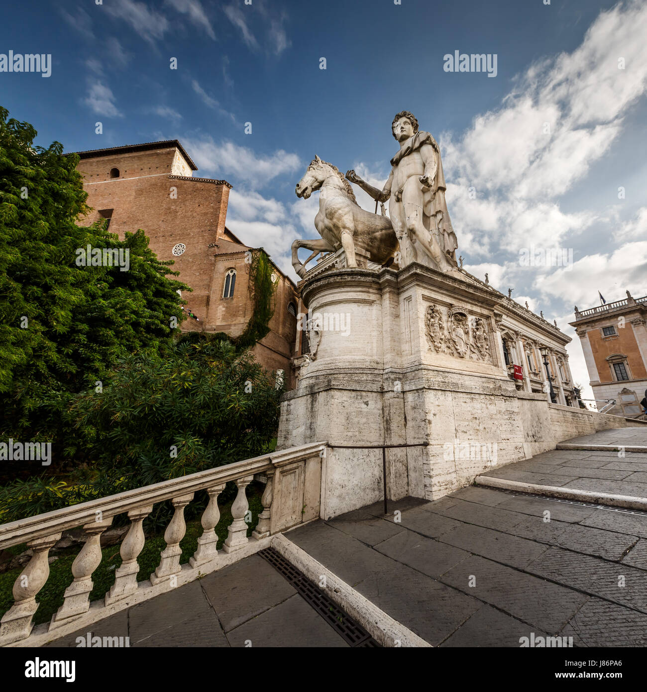 Statue of Castor at the Cordonata Stairs to the Piazza del Campidoglio ...
