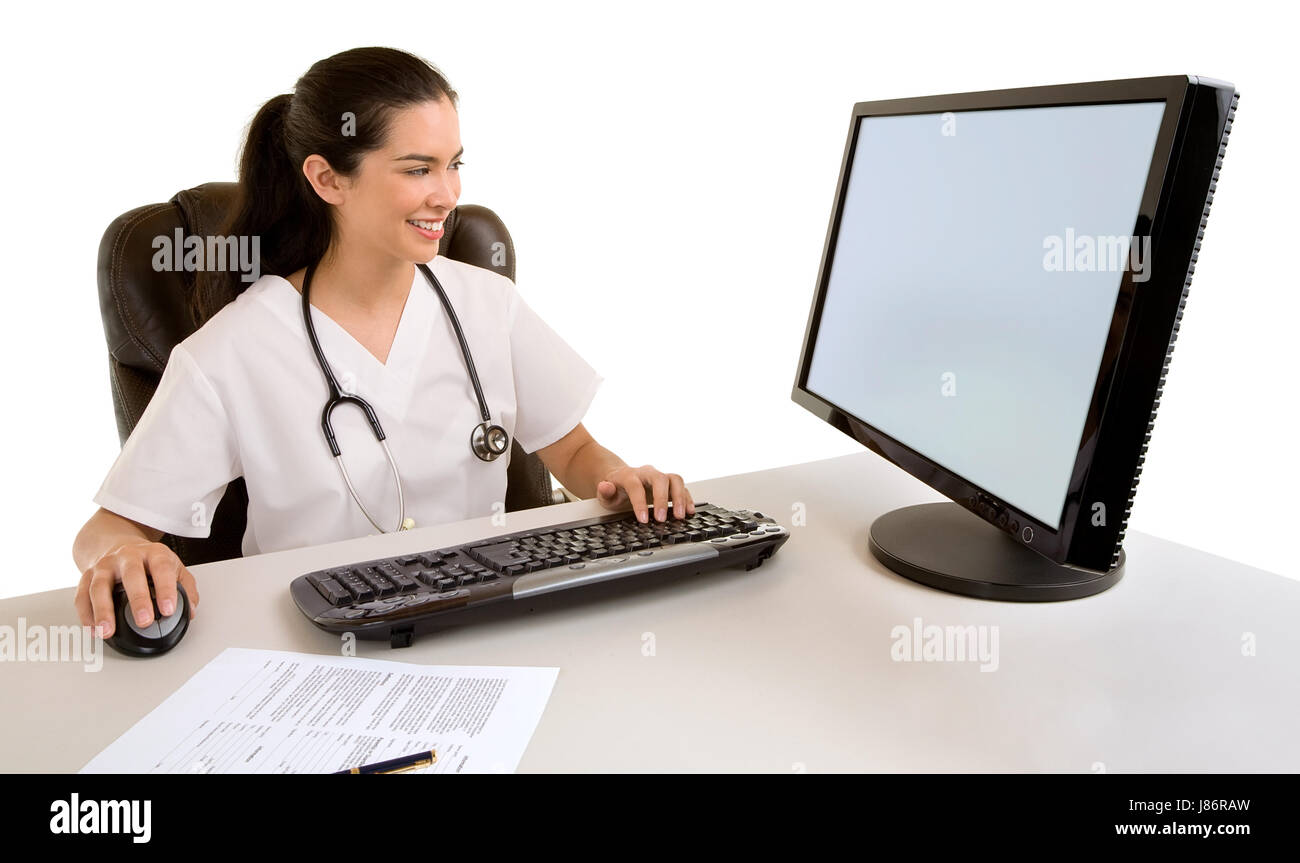 woman office female administration put sitting sit nurse healthcare ...
