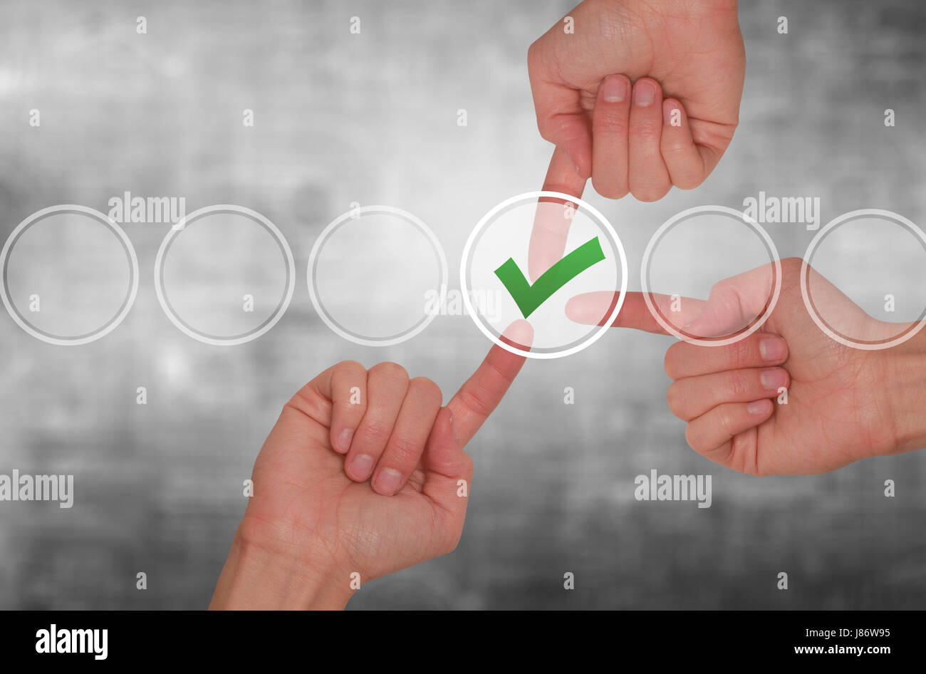 Team work hands touching check mark on virtual screen. Business ...