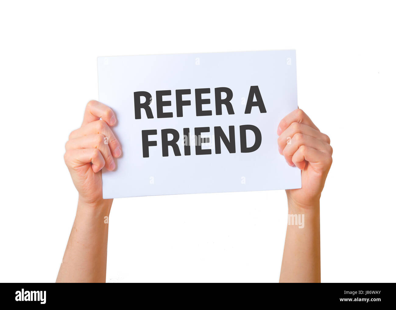 Man holding sign REFER A FRIEND . Business, technology, internet ...