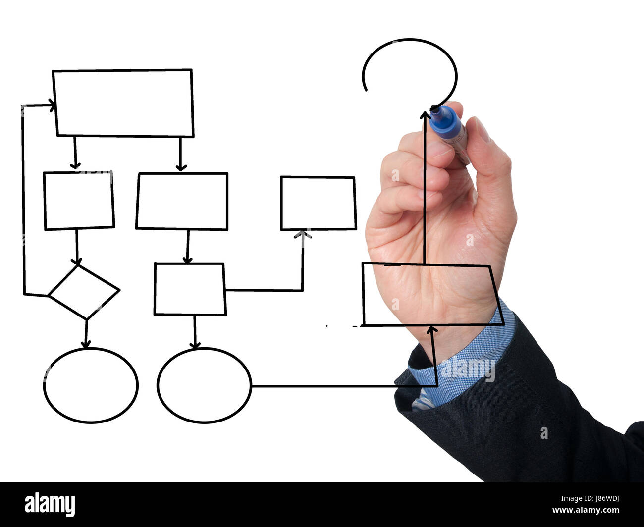 Businessman drawing empty diagram on visual screen. Isolated on white ...