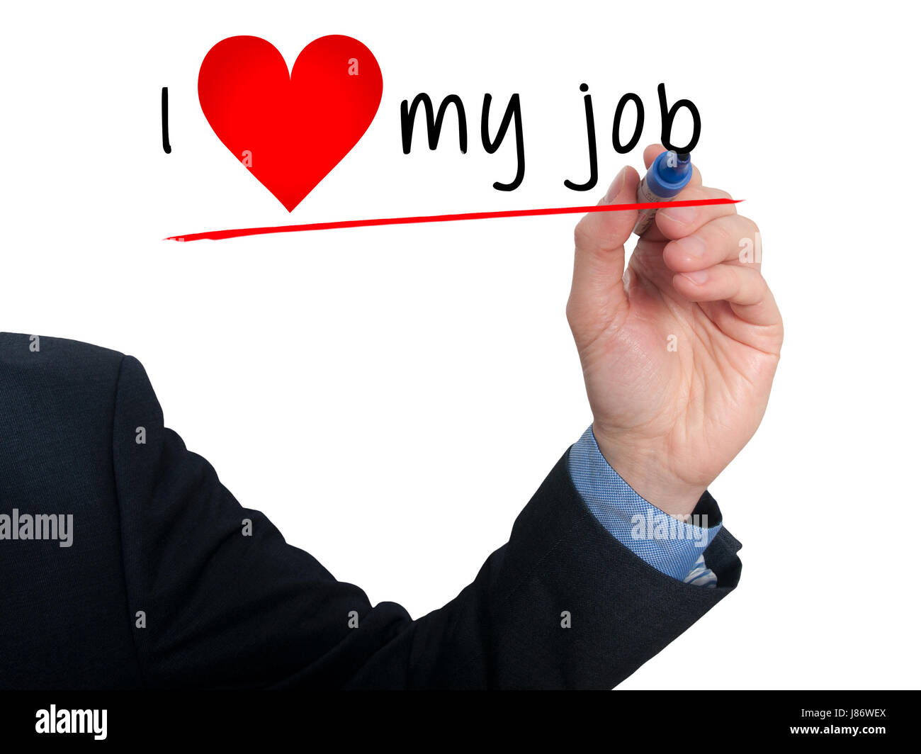 Businessman writing I love my job with heart shape. White - Stock Photo ...