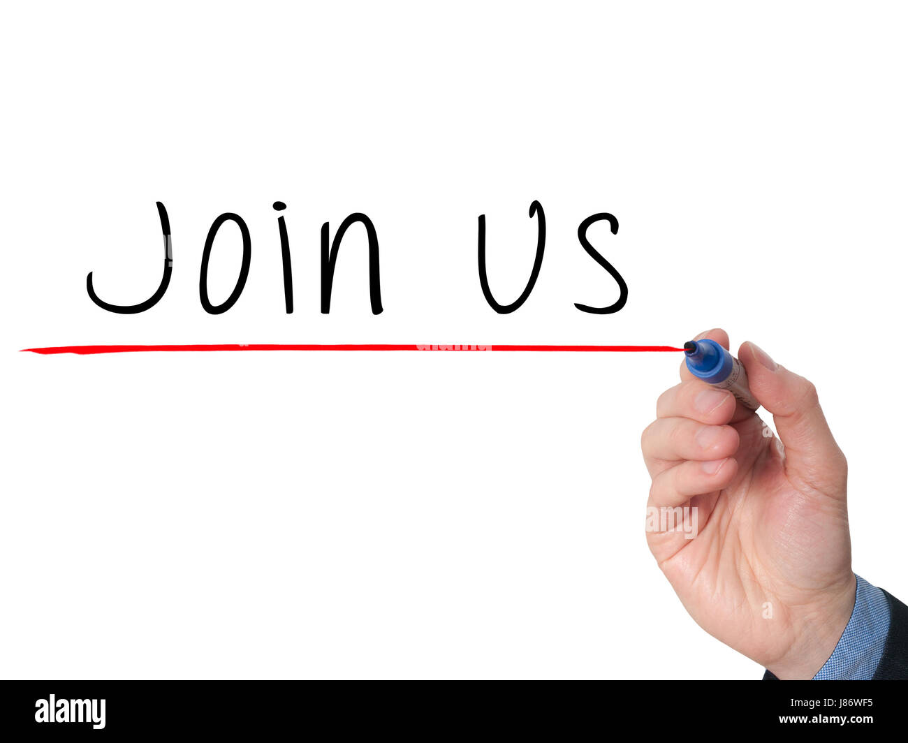 join us words written by businessman hand on a transparent board ...