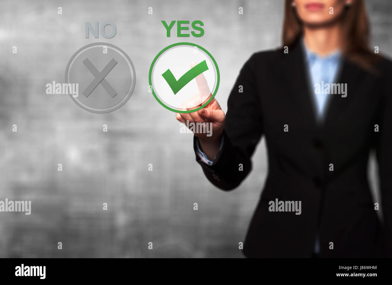 Hand of businesswoman press Yes button. Decision making, business ...