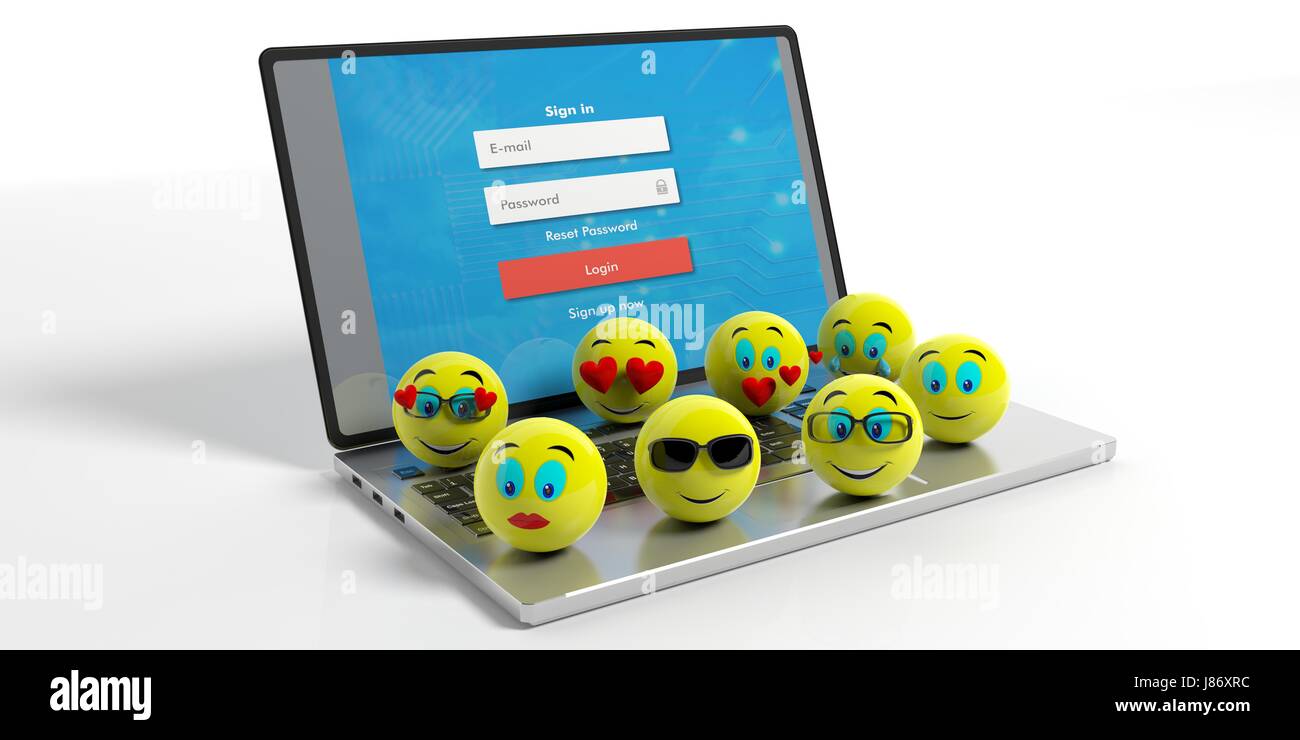 Group of yellow emoticons on a laptop isolated on white background. 3d ...