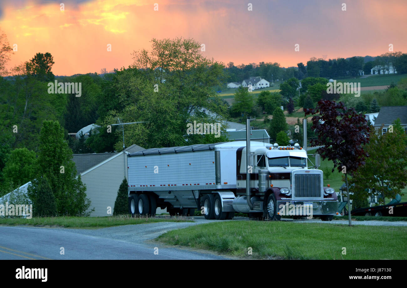sunset, america, setting sun, truck, lorry, houses, tree, trees, sunset ...