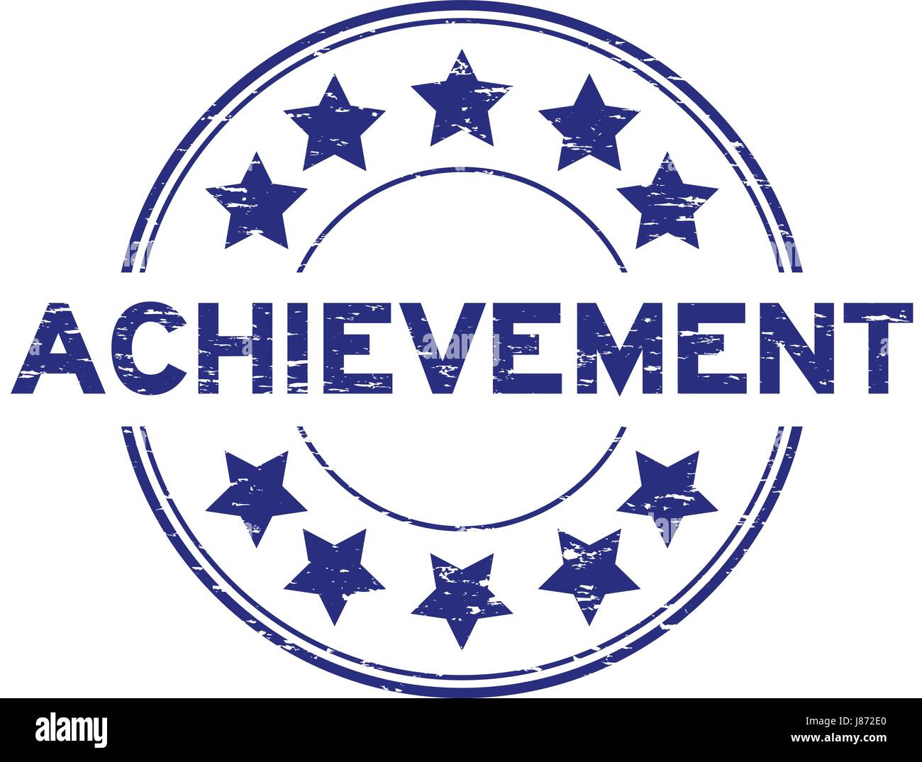 Grunge blue achievement with star icon round rubber seal stamp on white ...