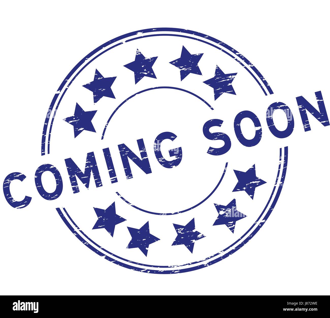 Grunge blue coming soon with star icon round rubber stamp on white ...