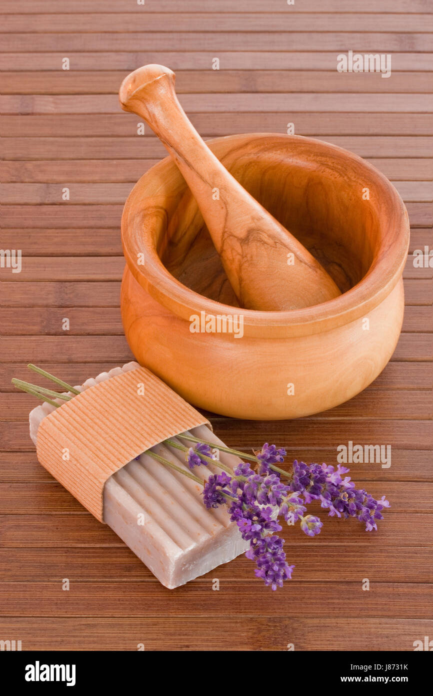 lavender soap with mortar Stock Photo - Alamy