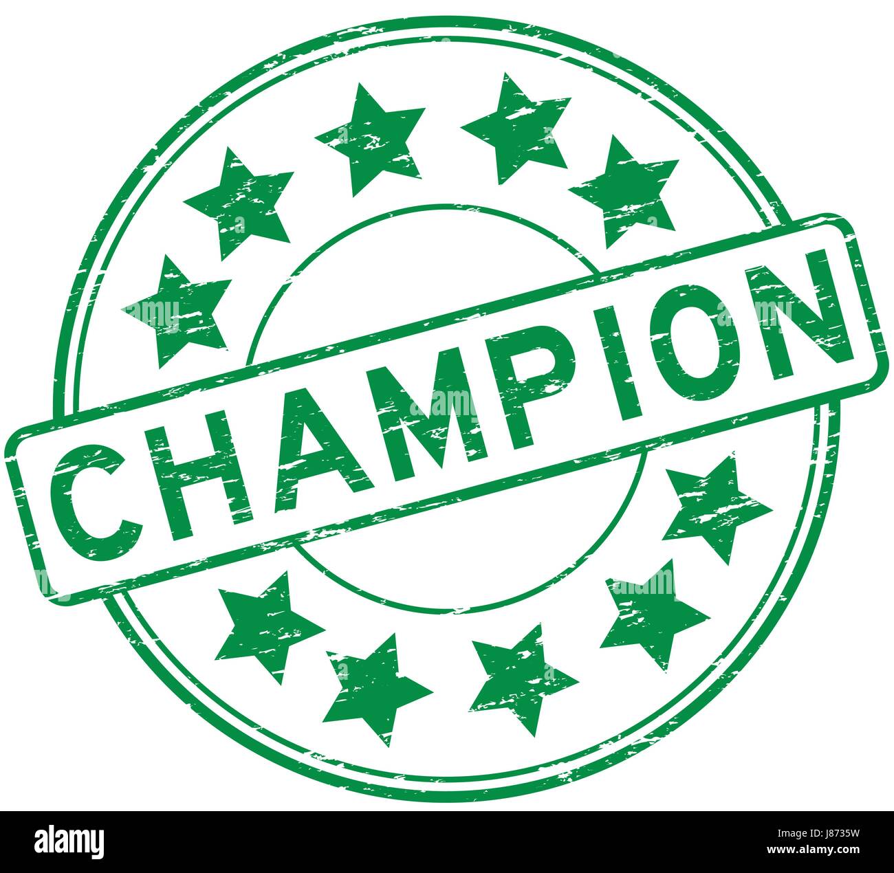 Grunge green champion with star icon round ruuber stamp on white ...