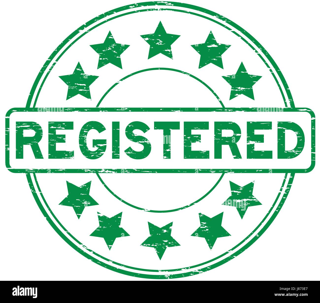 Grunge green registered with star icon round rubber stamp on white ...