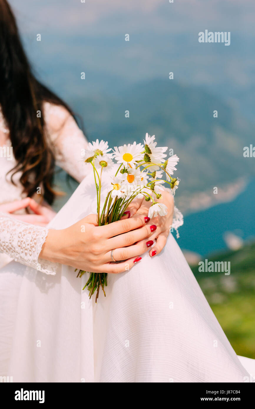 Wedding bouquet of daisies in the hands of the bride. Wedding in ...