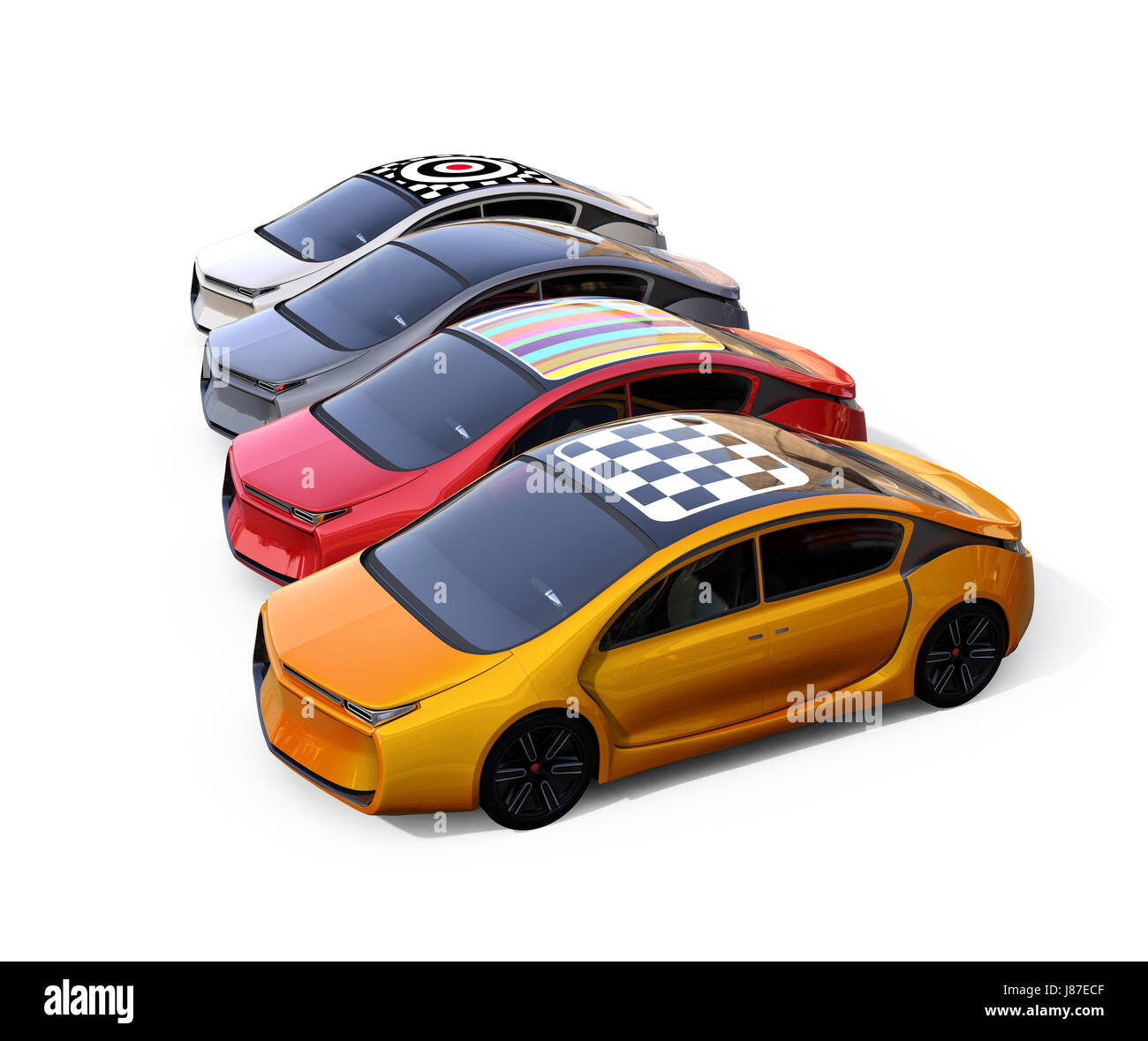 Colorful electric cars isolated on white background. 3D rendering image ...