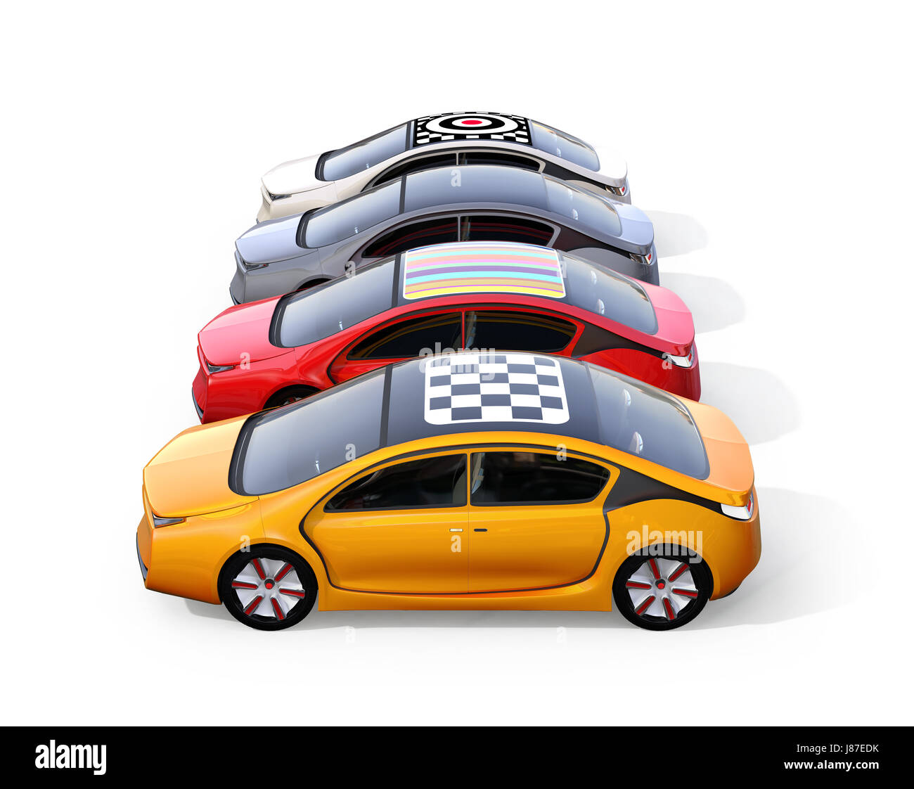 Colorful electric cars isolated on white background. 3D rendering image ...