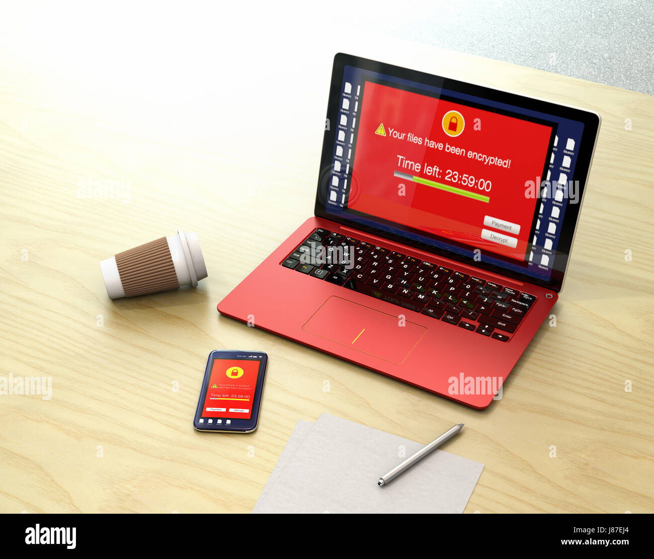 Screen of desktop PC and smartphone showing alert that the devices were ...