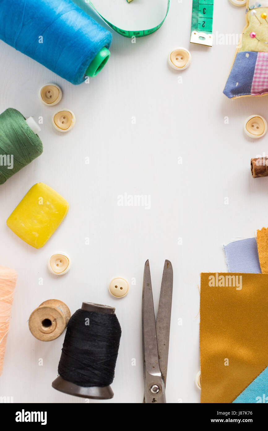 closeup sewing tools, patchwork, tailoring and fashion concept - tools ...