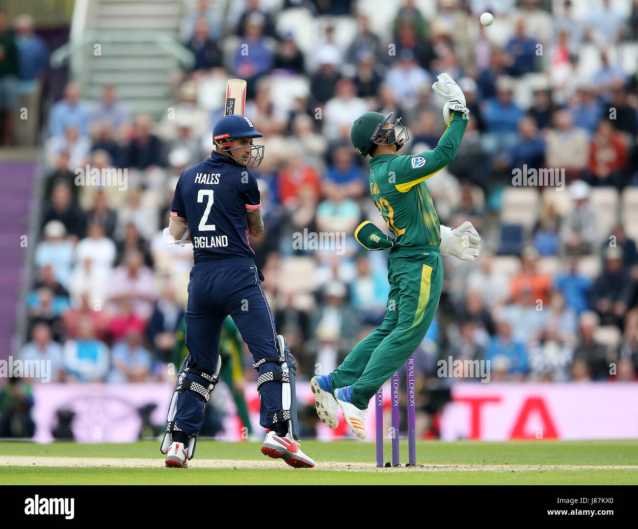 South Africa's Quinton de Kock celebrates taking a catch off the ...