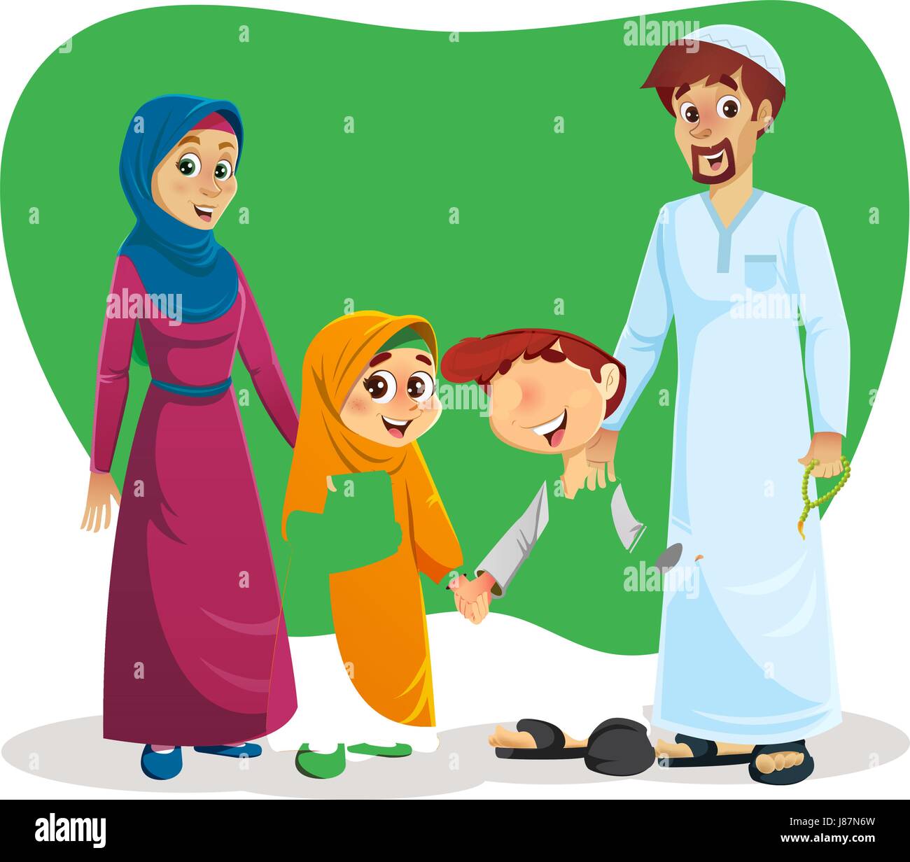 Happy Muslim Family of Parents and Children Holding Quran Book Stock ...